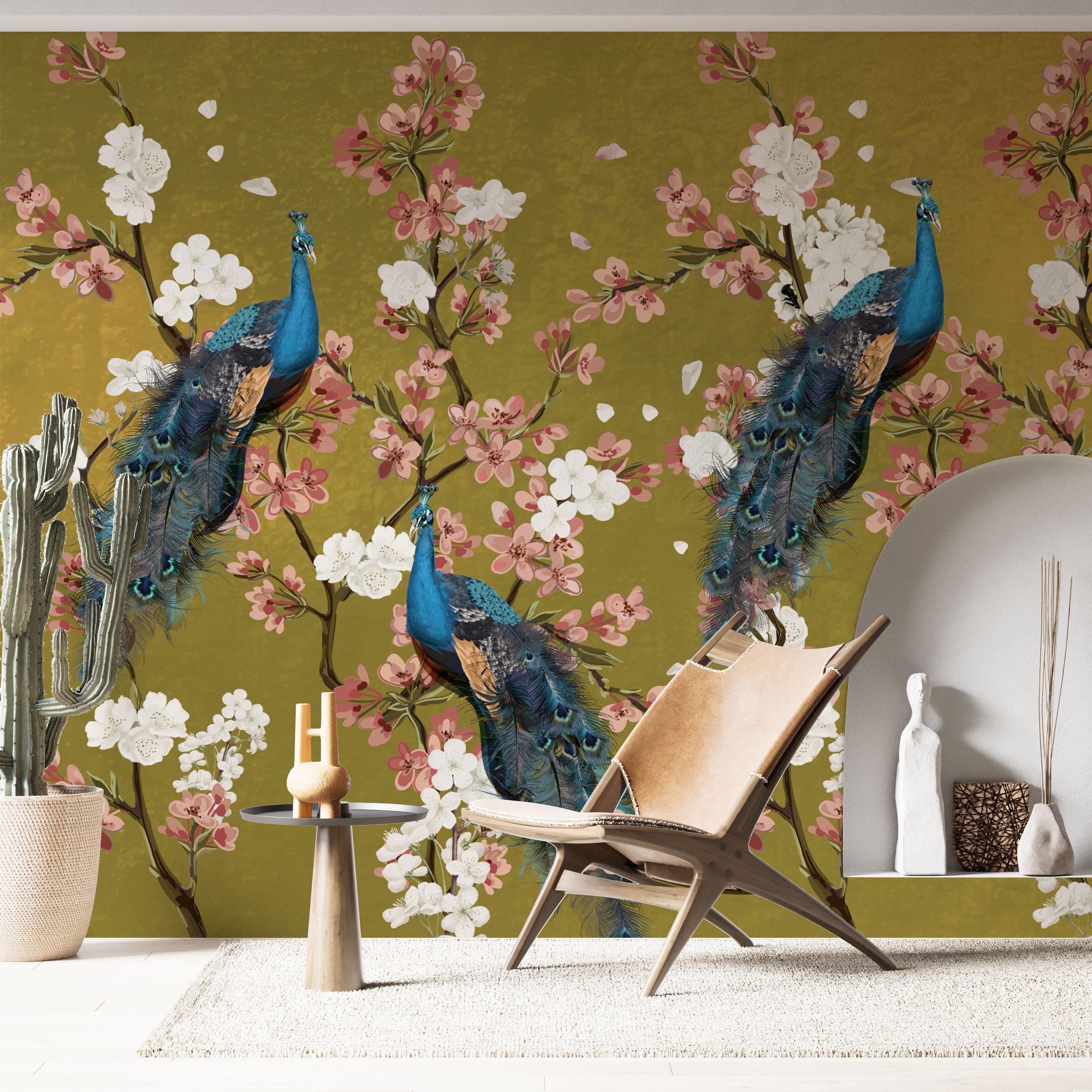 Cherry Flowers and Peacocks Self adhesive wallpaper