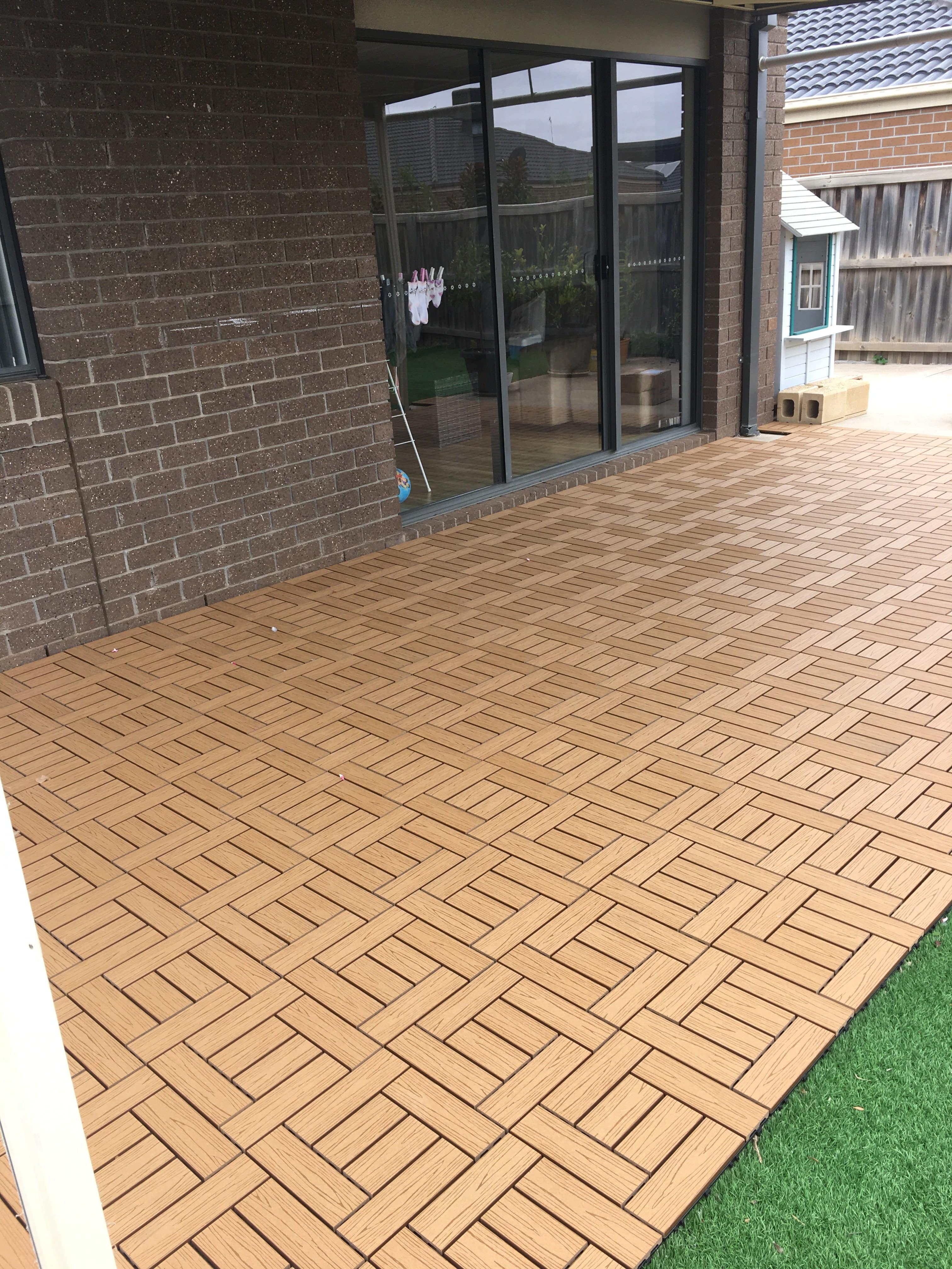 Teak Woodgrain Crosshatch interlocking Composite Decking Tiles
